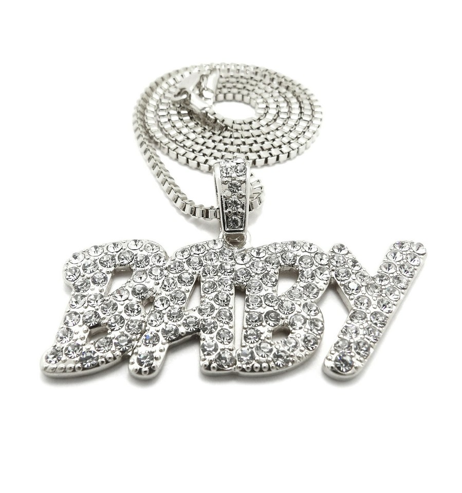 Silver Plated Cubic Zirconia Lil Baby & 24" Box Cuban Rope Brass Chain ...