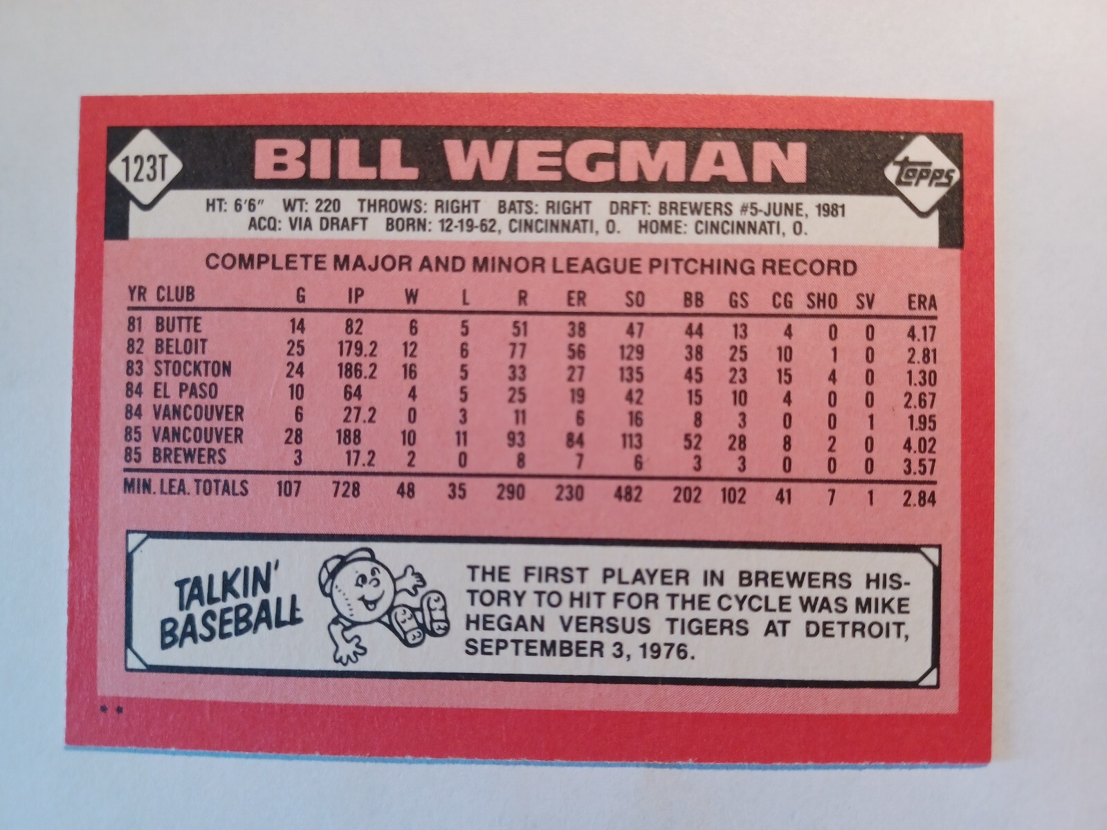BILL WEGMAN 1986 Topps Traded # 123T autographed signed card BREWERS 86 ...