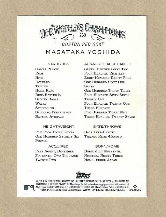 2023 Topps Allen & Ginter MASATAKA YOSHIDA Silver Portrait Hot Box #269 ...