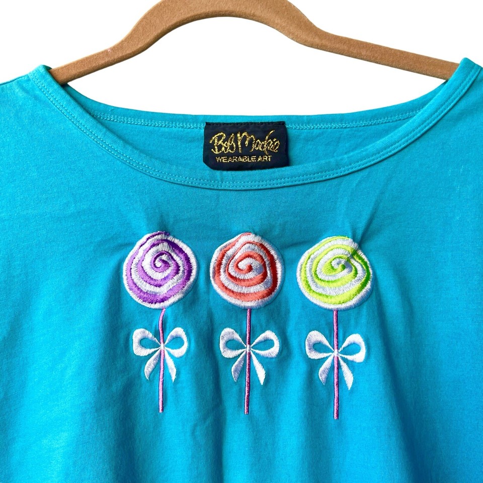 BOB MACKIE Lollipop T-Shirt Women’s Plus 1X Blue Cotton Embroidered ...