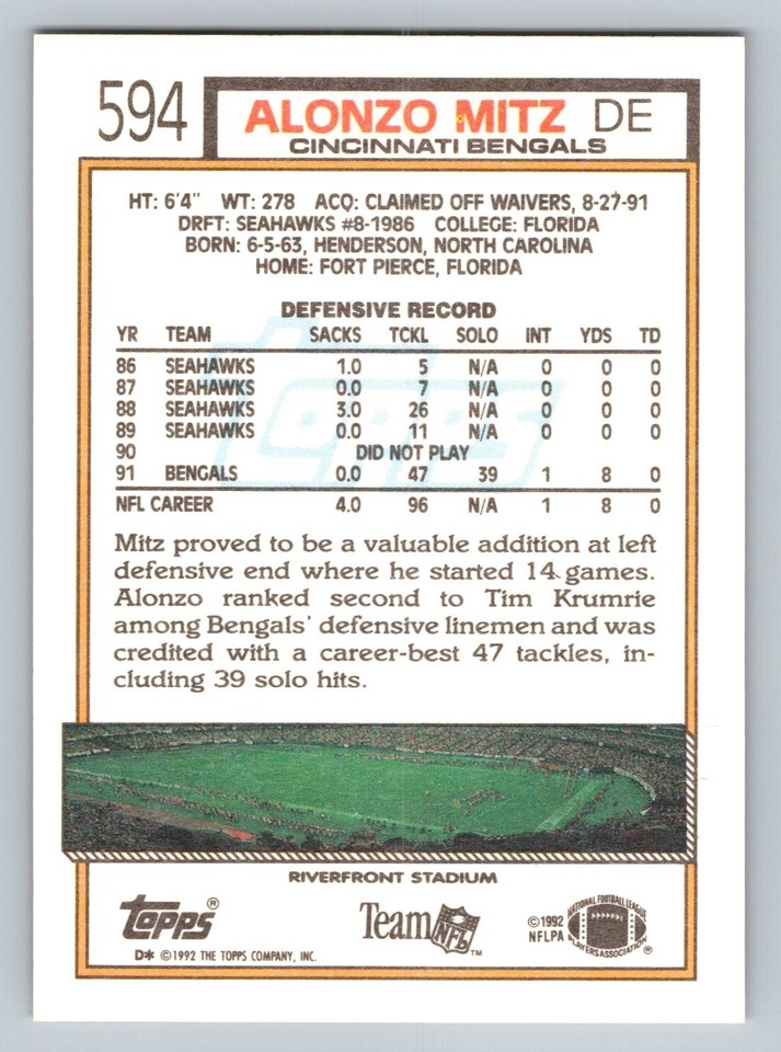 Alonzo Mitz RC Rookie 1992 Topps #594b Cincinnati Bengals | eBay