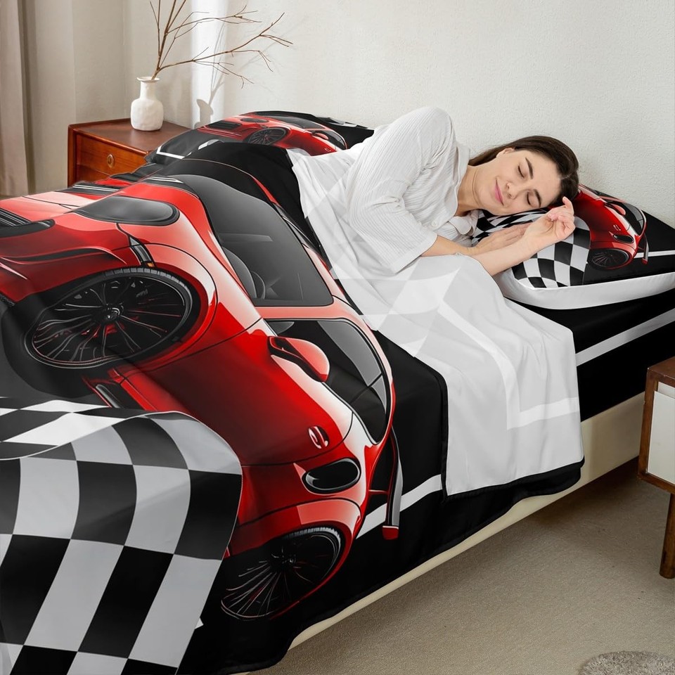 Red Race Car Sheet Set Twin Black and White Grid Bedding for Kids Teens ...