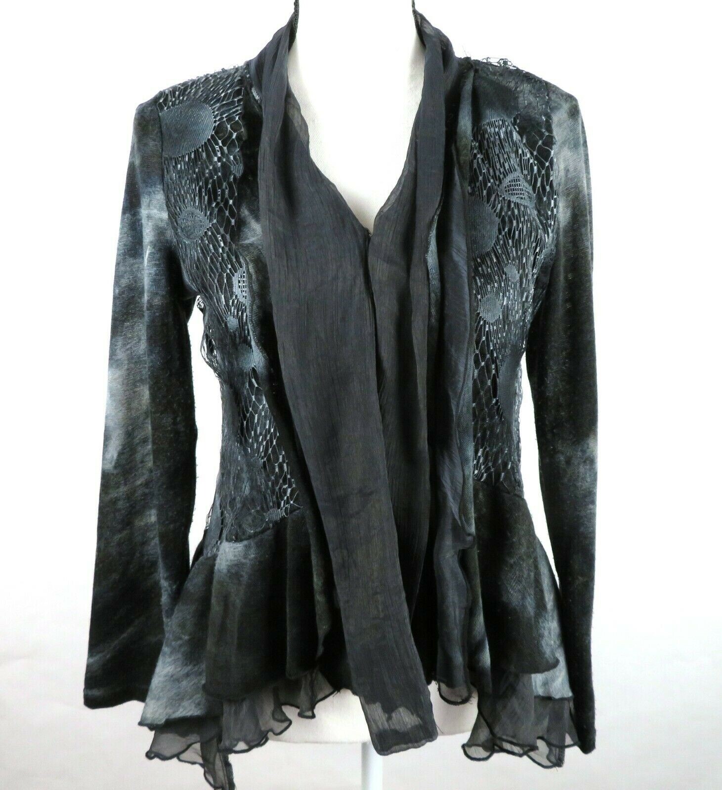 Vandana Womens Open Jacket Ruffles Netting Knit Black… - Gem