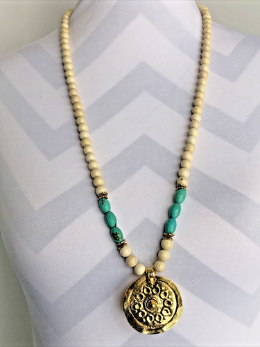 Marie Chavez Gold Tone Hammered Necklace Faux Turquoise Cream Bead ...