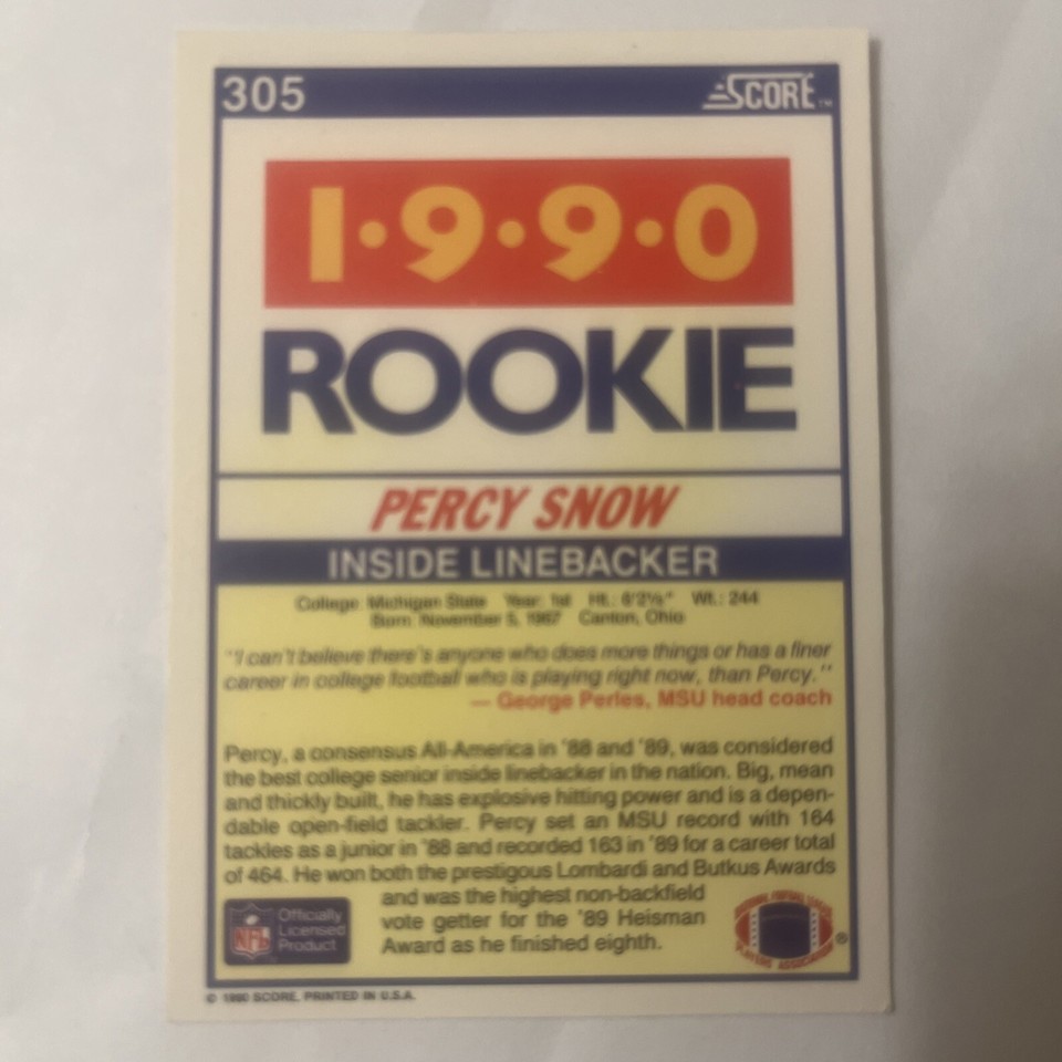 Percy Snow signed autograph 1990 Score ROOKIE football card Michigan ...