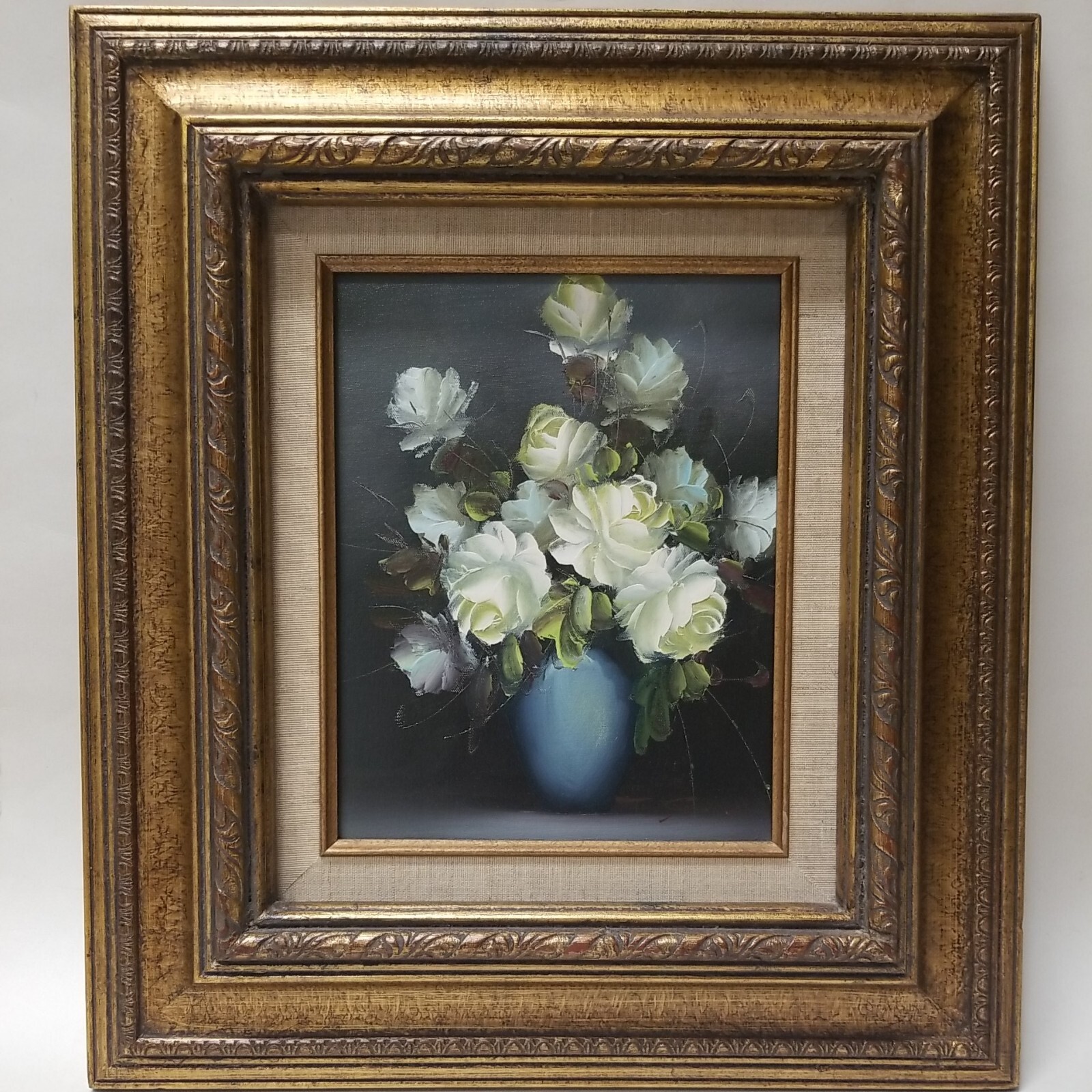 Original Oil Painting Canvas White Roses Bouquet Flowers In Vase Signed ...