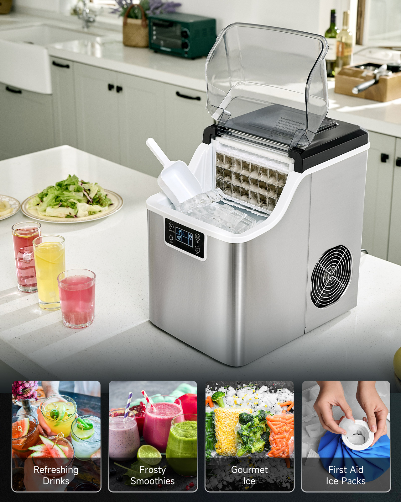 WILPREP Ice Maker Machine Counter Top Ice Cube Maker for Home 22kg in ...