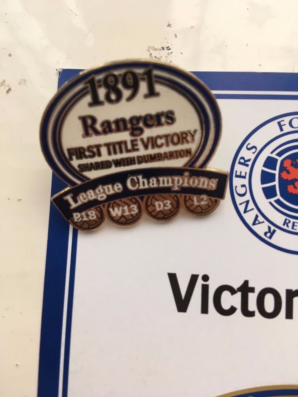 DANBURY MINT RANGERS FC VICTORY PIN BADGE 1891 FIRST SCOTTISH LEAGUE ...