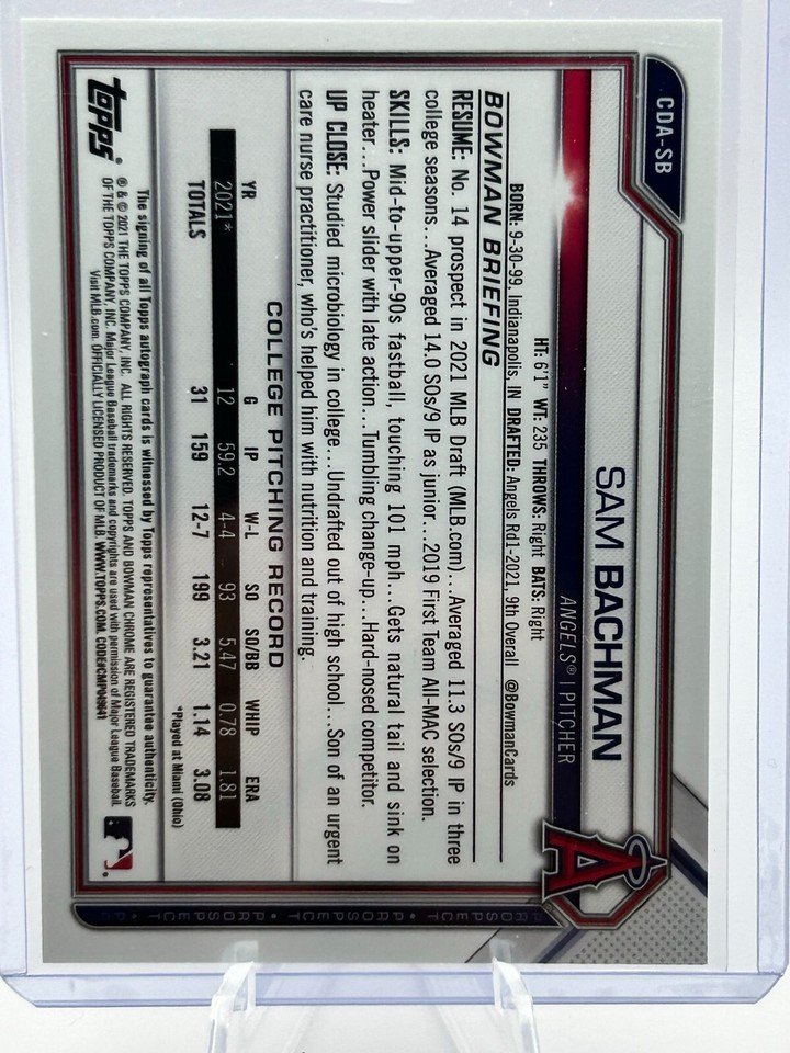 SAM BACHMAN 2021 BOWMAN CHROME 1ST PURPLE REFRACTOR AUTO 86/250 #CDA-SB ...