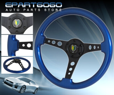 345mm Blue Wood Black 3 Spoke Steering Wheel 6-Bolt Hole Jdm Wakaba ...
