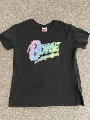 David Bowie Merch Women’s T-shirt Size M Black With Rainbow Writing ...