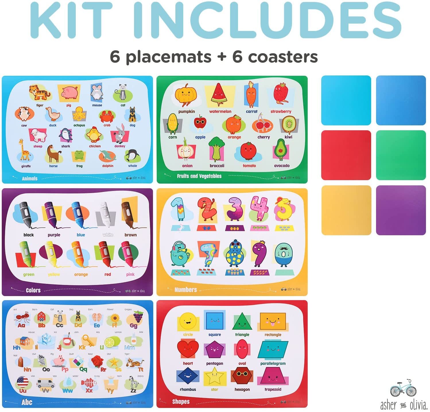 Kids Placemats for Dining Table Kit, Include 6 Educational Table Mats ...