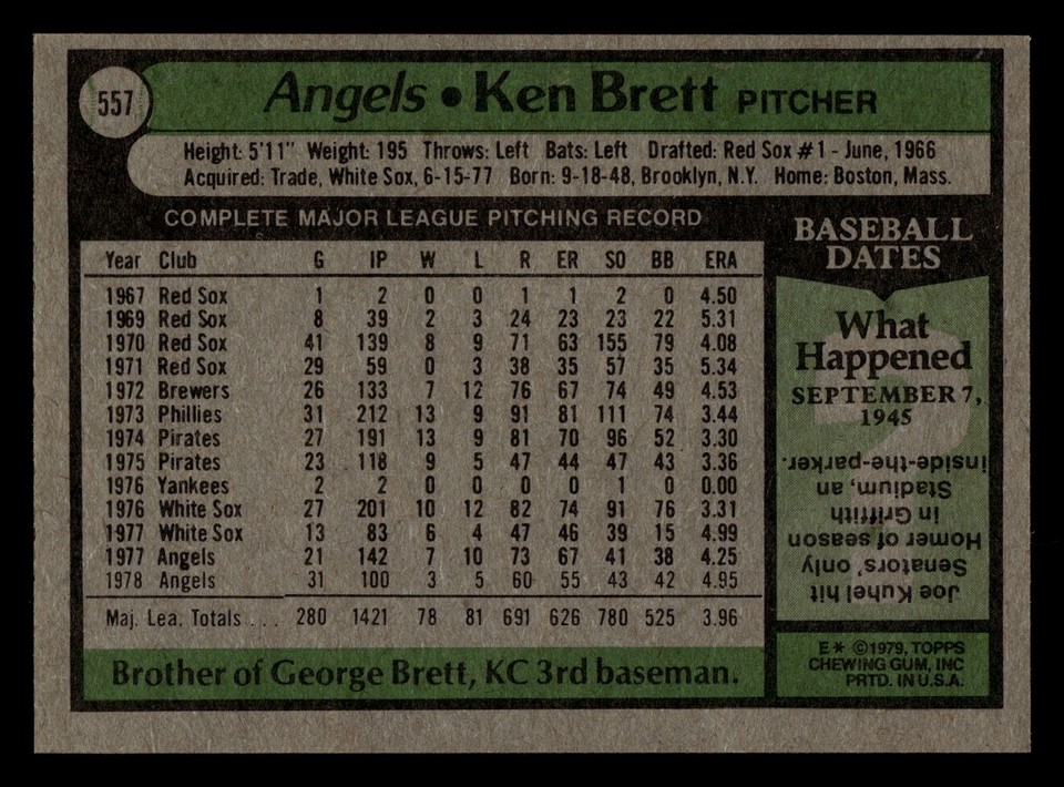 1979 Topps Ken Brett California Angels #557 HIGH GRADE BEAUTY! | eBay