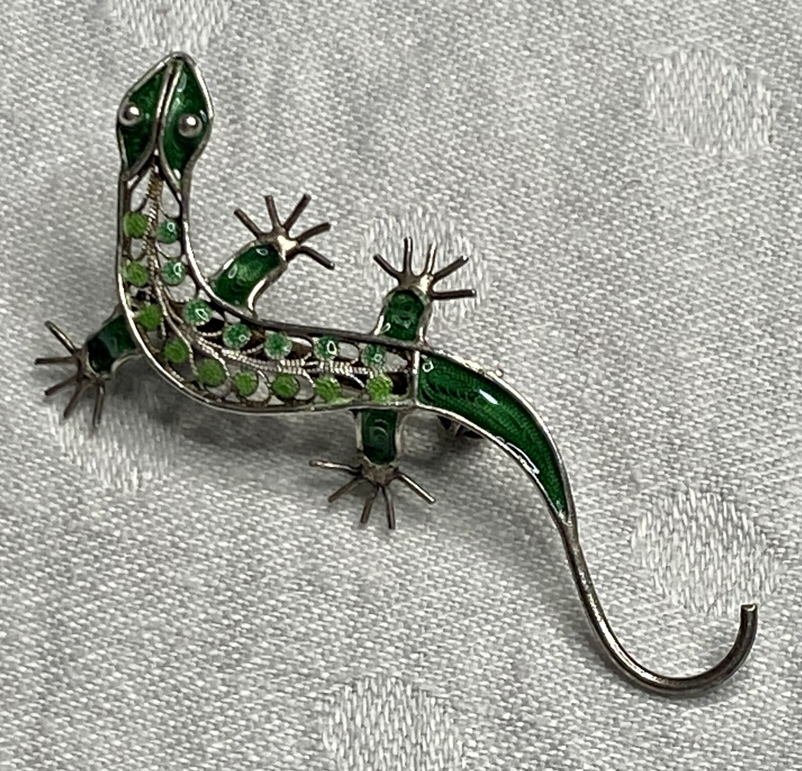 Antique 800 Silver Filigree Salamander Pin With Green… - Gem