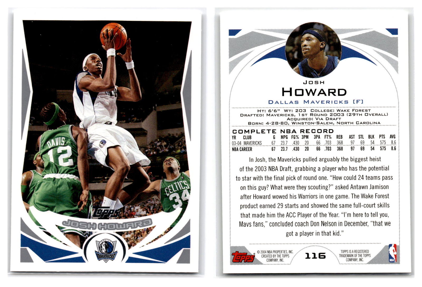 2004-05 Topps #116 Josh Howard - Dallas Mavericks | eBay