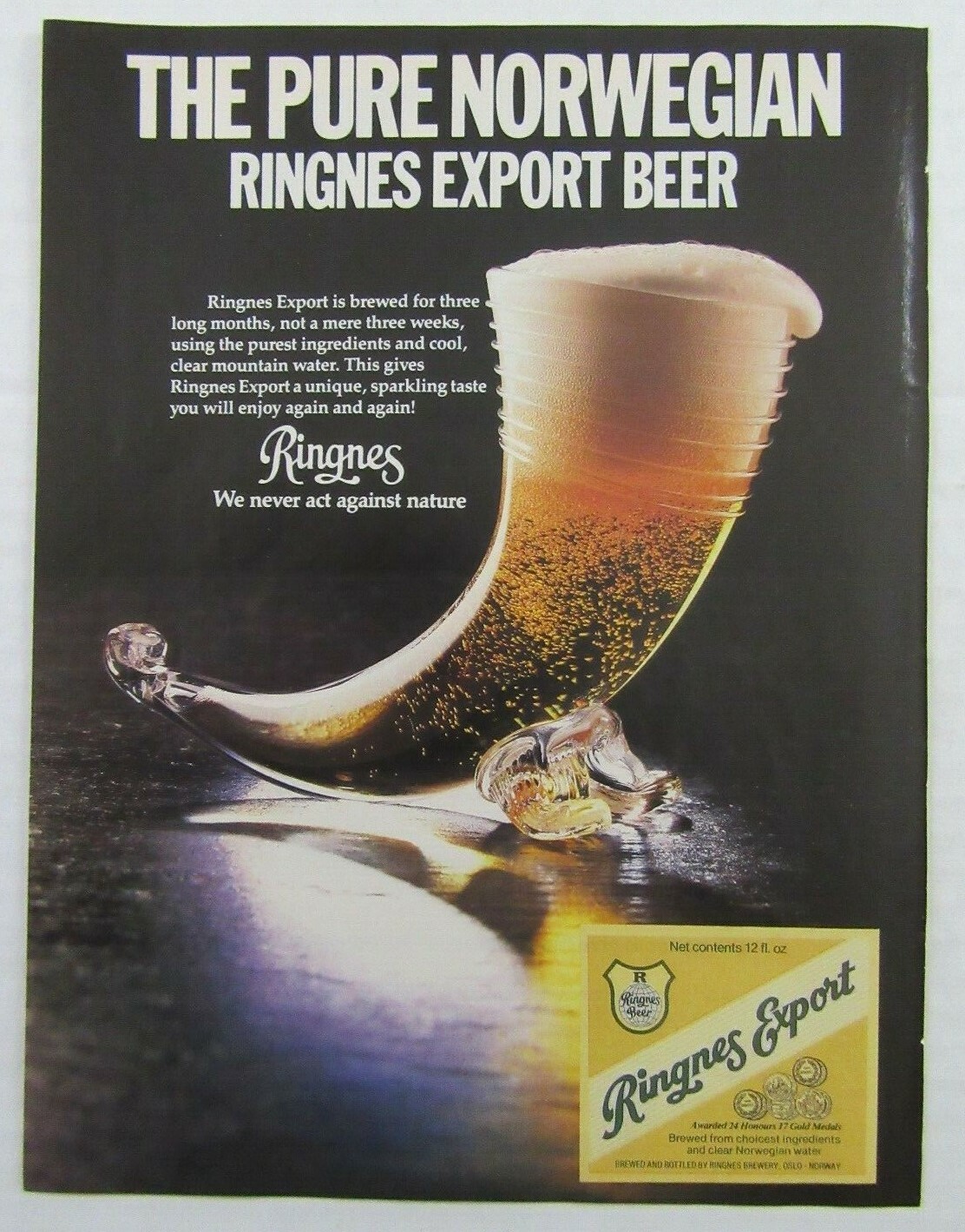 1988 RINGNES EXPORT BEER "The Pure Norwegian" Beer Horn Magazine Ad | eBay