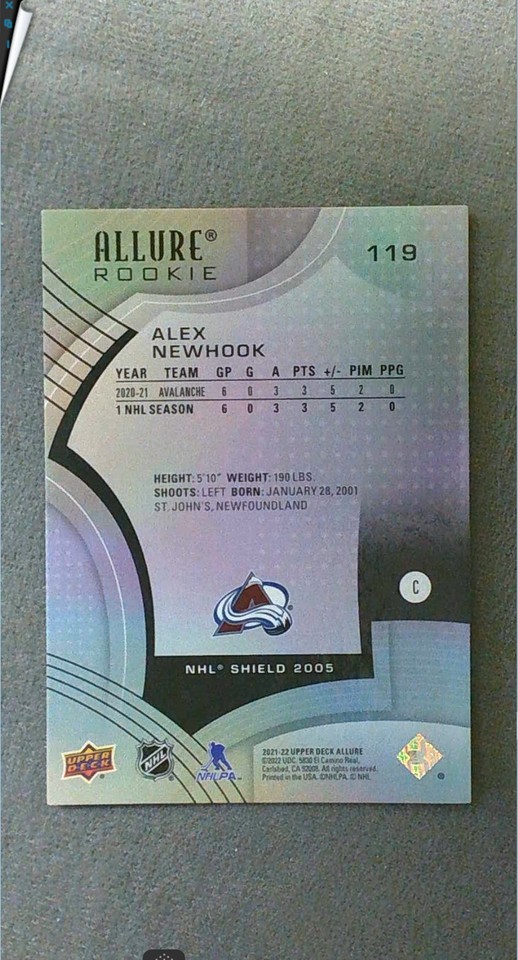 2021-22 Upper Deck Allure NHL Shield 2005 #119 Alex Newhook RC ...