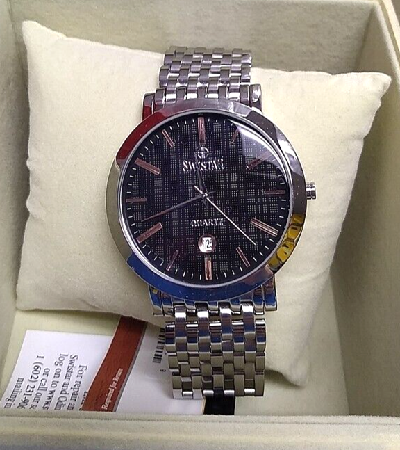 NEW Swistar Mens Black Textured Dial Rose Gold Accents Silver SS Watch ...