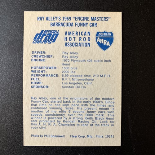 1971 AHRA Fleer Drag Champs Ray Alley's 1969 Engine Masters Barracuda ...