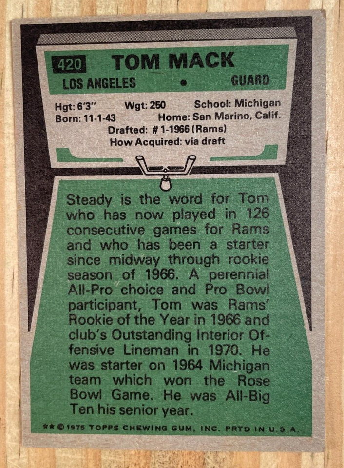 1975 TOPPS TOM MACK CARD#420 LOS ANGELES RAMS MICHIGAN WOLVERINES | eBay