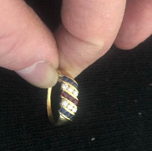 Diamond, Ruby and Sapphire multi stone ring diagonal bar set in 18ct ...