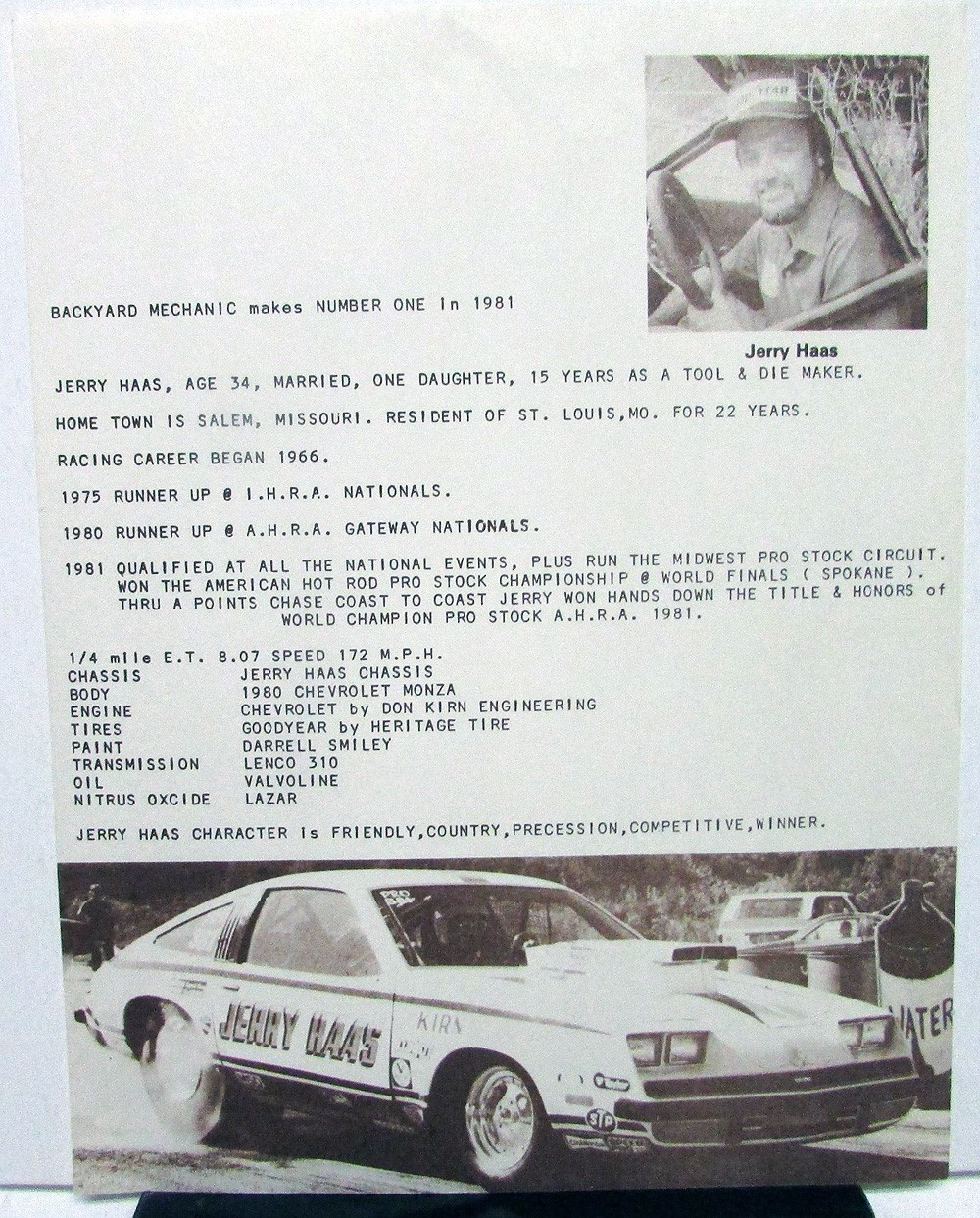 Vintage Drag Racing 1980 Jerry Haas Monza Pro Stock Press Kit Media ...