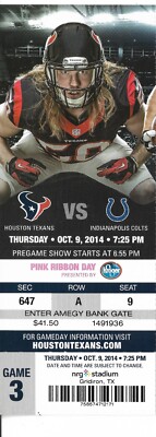 HOUSTON TEXANS VS Indianapolis Colts 10/09/2014 TICKET Johnson 13,000 ...