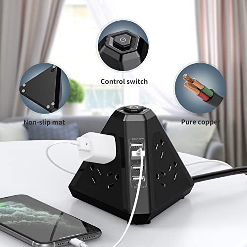 Power Strip Surge Protector Tower, 3-Side Triangle Outlet with 9 black+ ...