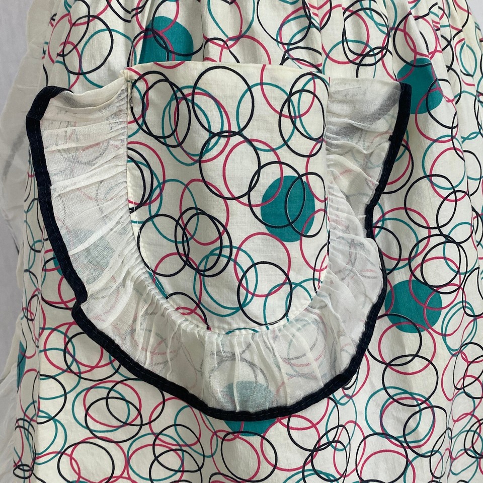 Vintage 60s Trad Wife Apron White Aqua Green Pink Circles Waist Ruffle ...