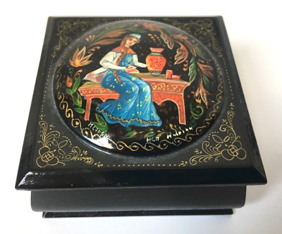 Vintage Russian Trinket Box Black Lacquer Wooden Hand Painted Signed ...