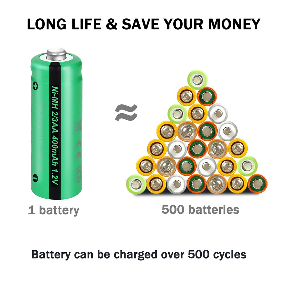 2X Ni-MH 1.2V 2/3AAA Size Rechargeable Battery 400mAh Button Top for ...