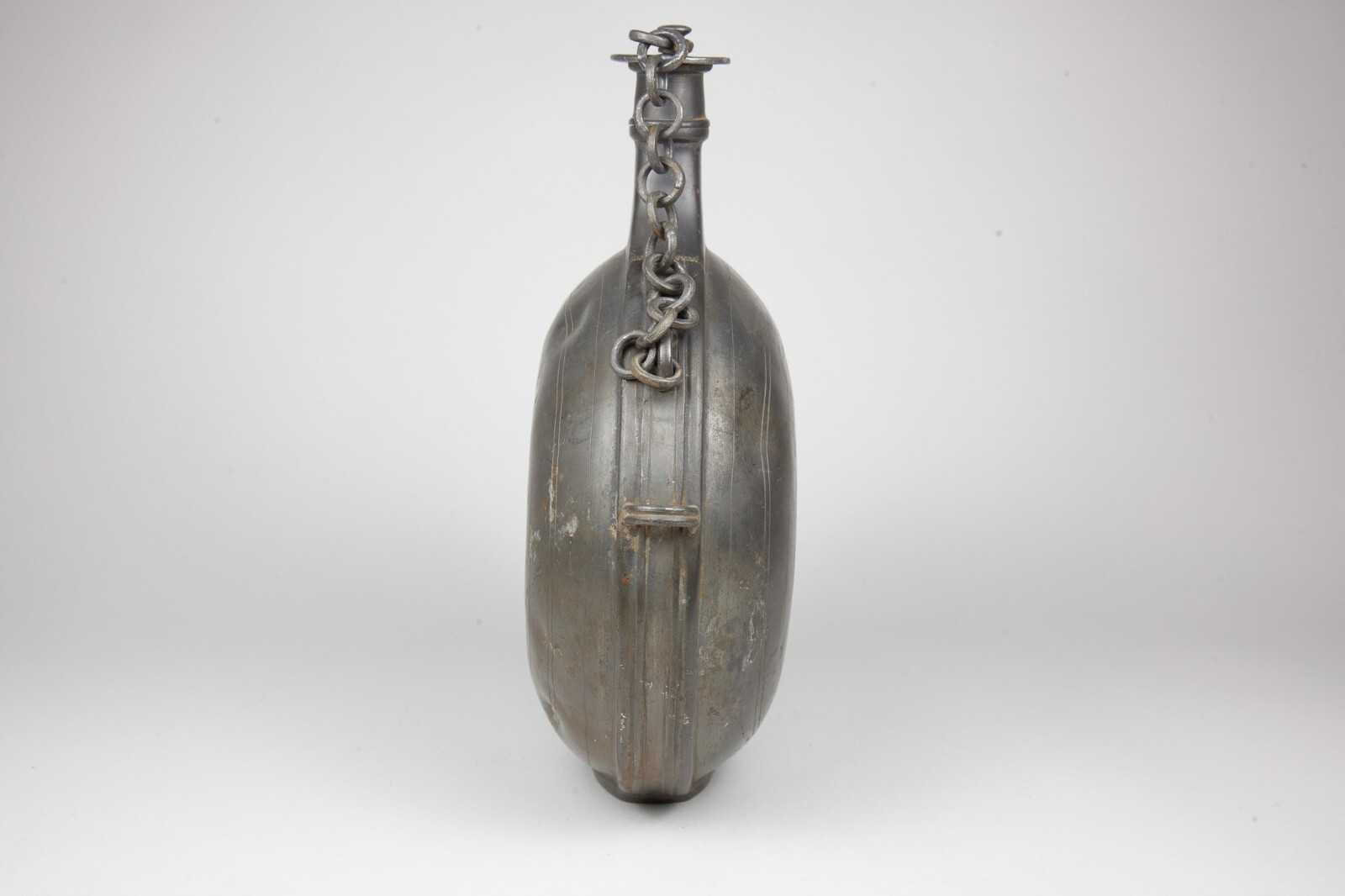 19th C. Pewter Pilgrim Flask, Canteen with Chain and Screw On Lid | eBay