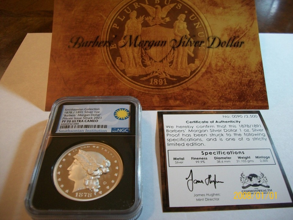 1878/1891 BARBER MORGAN Silver Dollar 1 oz NGC PF 70 UC proof STUNNING ...