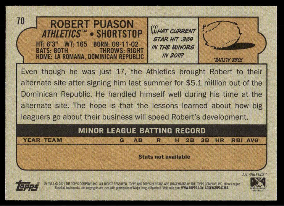 2021 Topps Heritage Minor League 70a Robert Puason AZL Athletics ...
