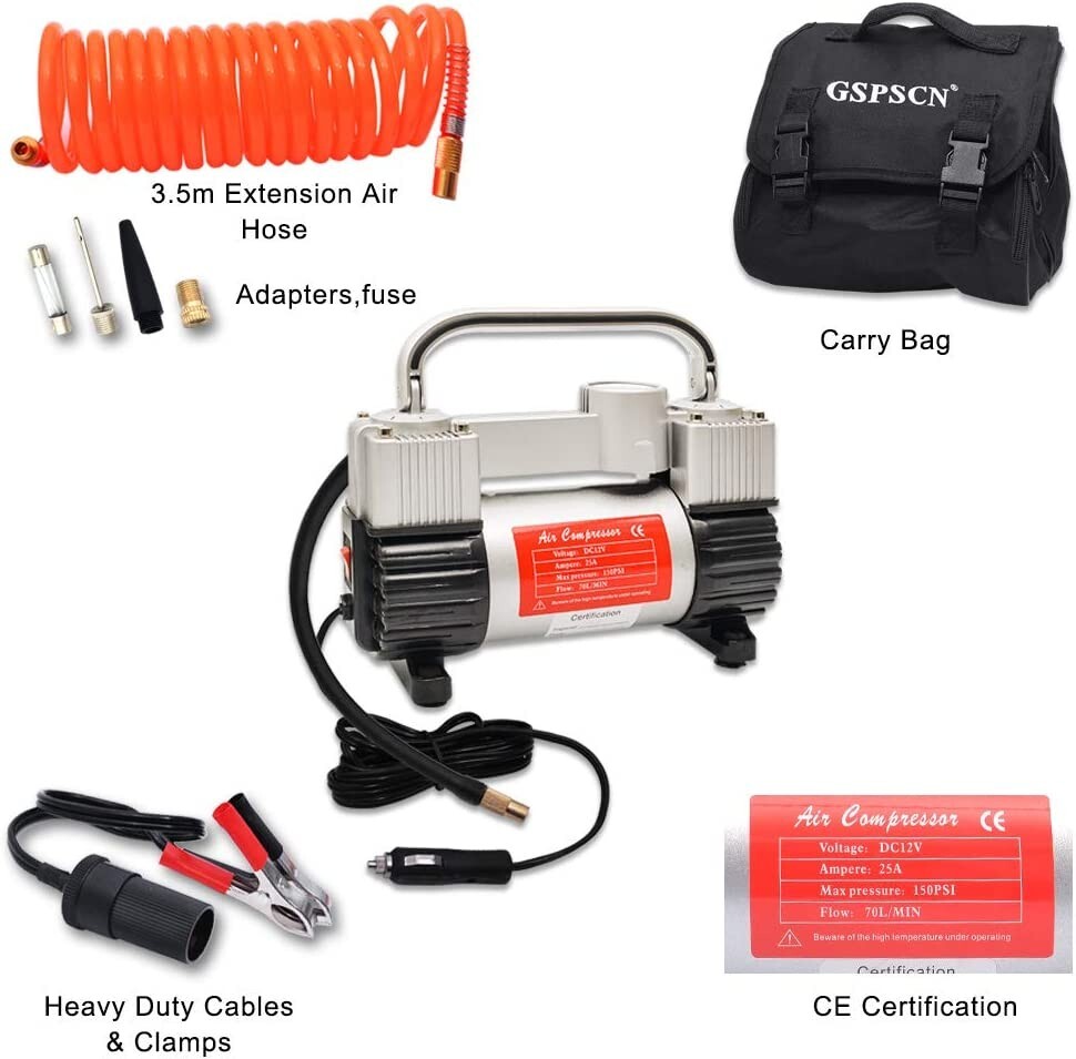 GSPSCN Silver Tire Inflator Heavy Duty Double Cylinders with Portable ...