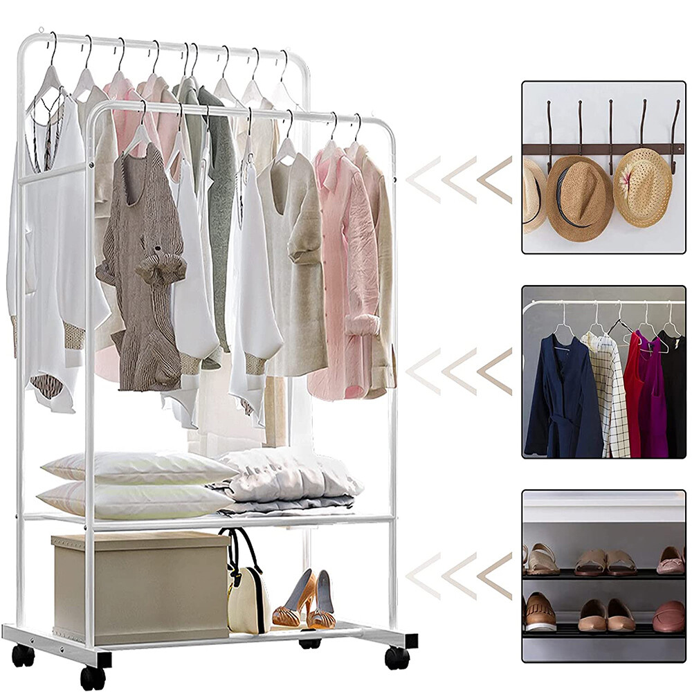 Heavy Portable Double Rail Clothes Garment Hanging Rack Mesh Metal Tidy ...