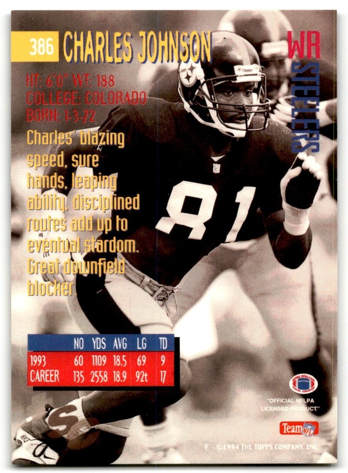 1994 STADIUM CLUB CHARLES JOHNSON RC PITTSBURGH STEELERS #386 | eBay