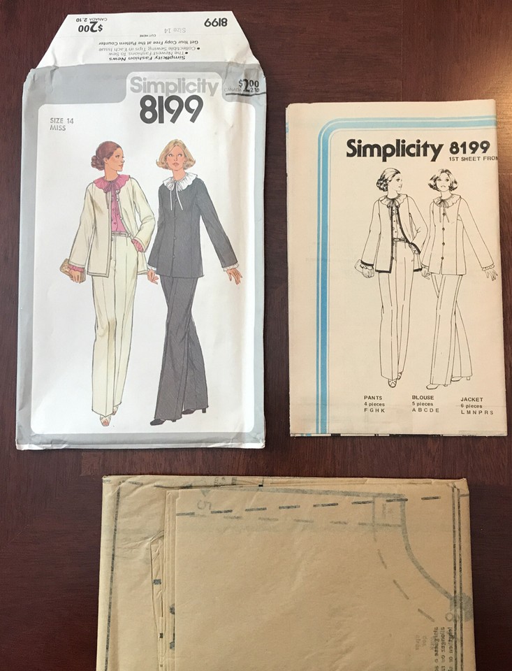 Simplicity 8199 Sewing Pattern Size14 Uncut 1977 Pants Jacket Blouse ...