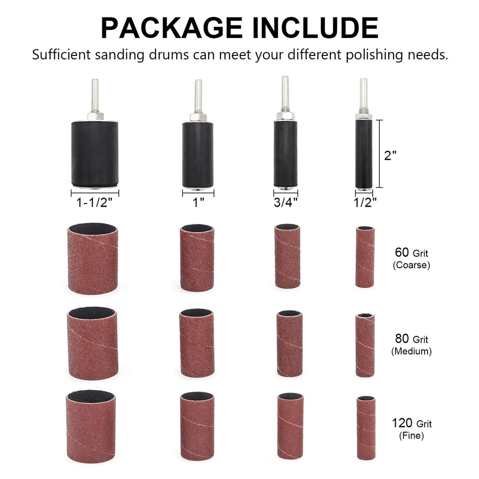 16 PACK 2" LONG Sanding Drums and Sleeves Set with 1/4”Shank Sanding ...