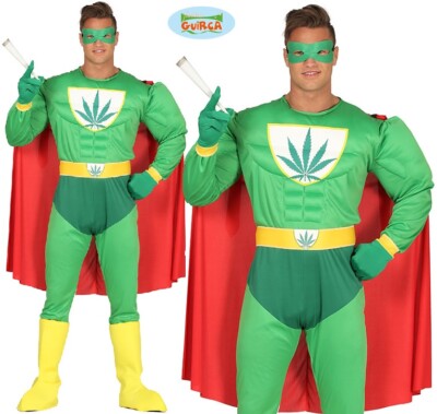 Mens Marijuana Superhero Fancy Dress Costume Weed Man Super Hero Stag ...