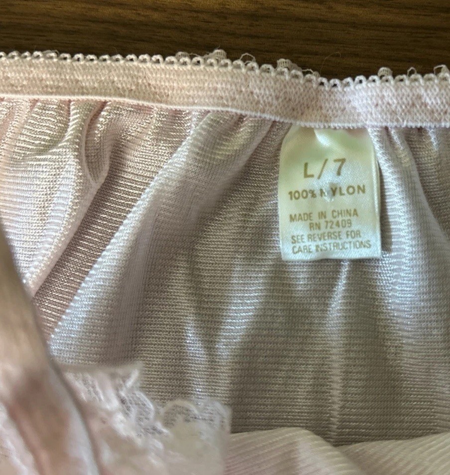 Vtg Nylon String Bikini Panties RARE Sz L Second Skin Lace PINK Shiny ...