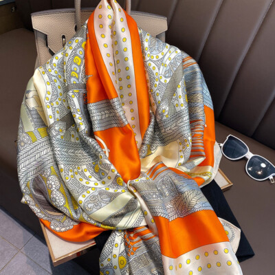 Women 70"x35" Square Imitation Silk Sun Protection Scarf Vintage Shawl ...