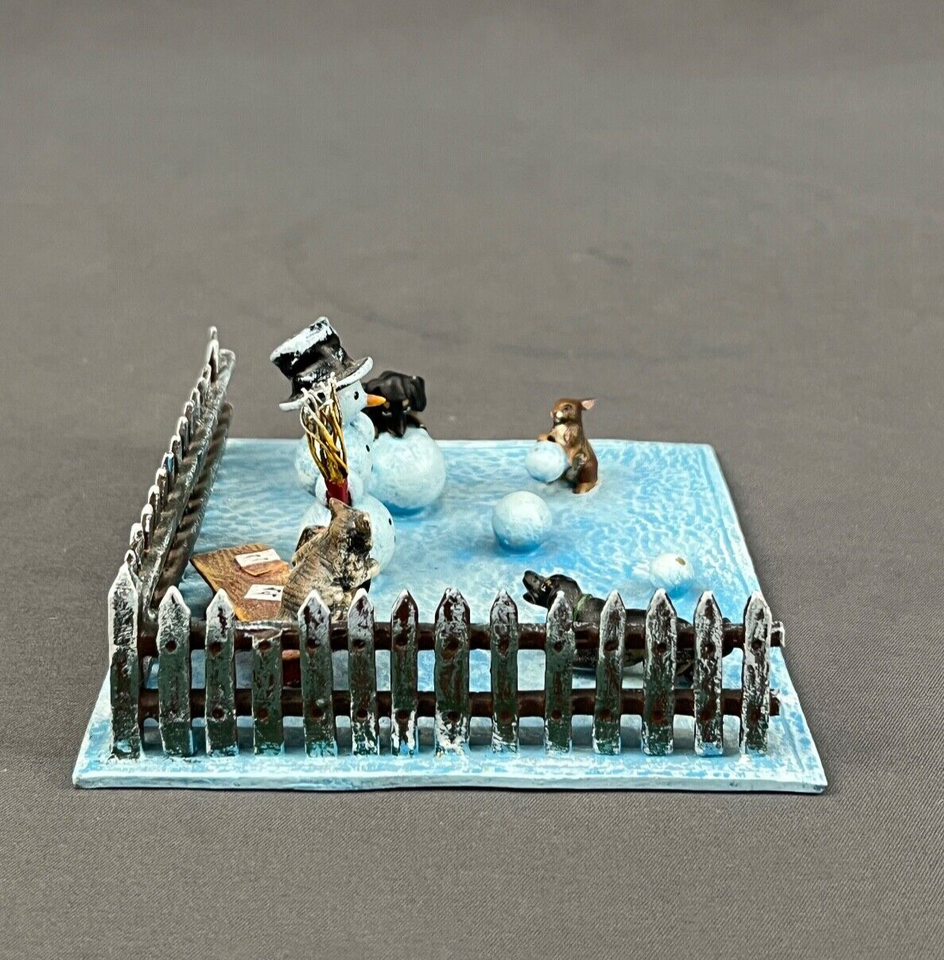 Cold Painted Bronze Diorama Miniature Winter Scene Snowman and Animals ...