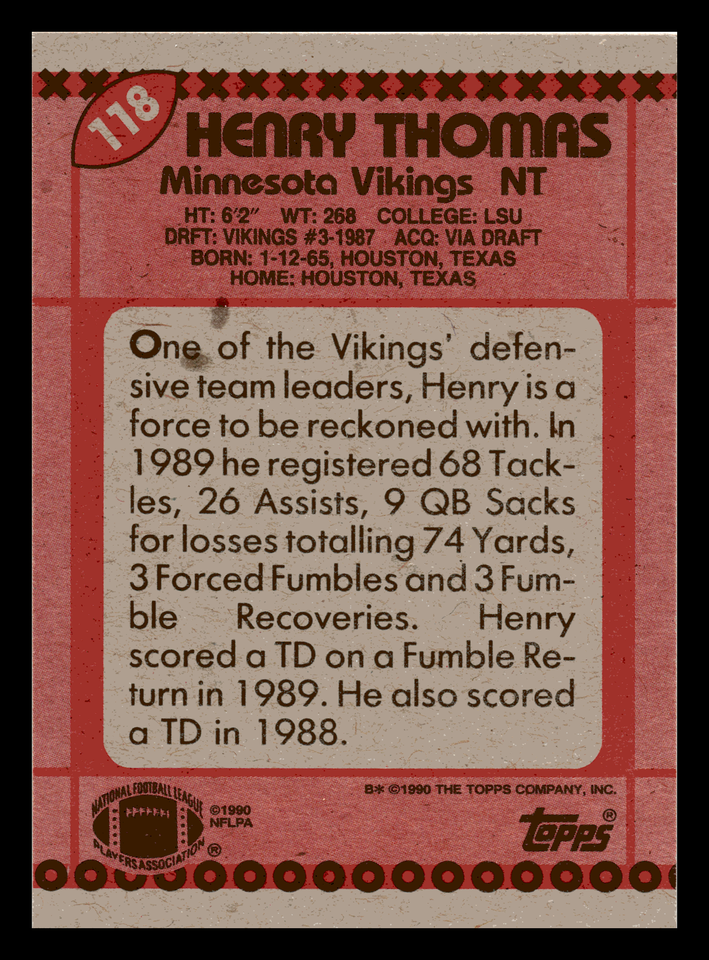 1990 Topps Henry Thomas Minnesota Vikings #118 Centered Mint | eBay