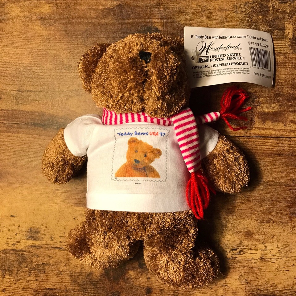 USPS Post Office 9” Teddy Bear Plush With Teddy Bear Stamp T-Shirt And ...