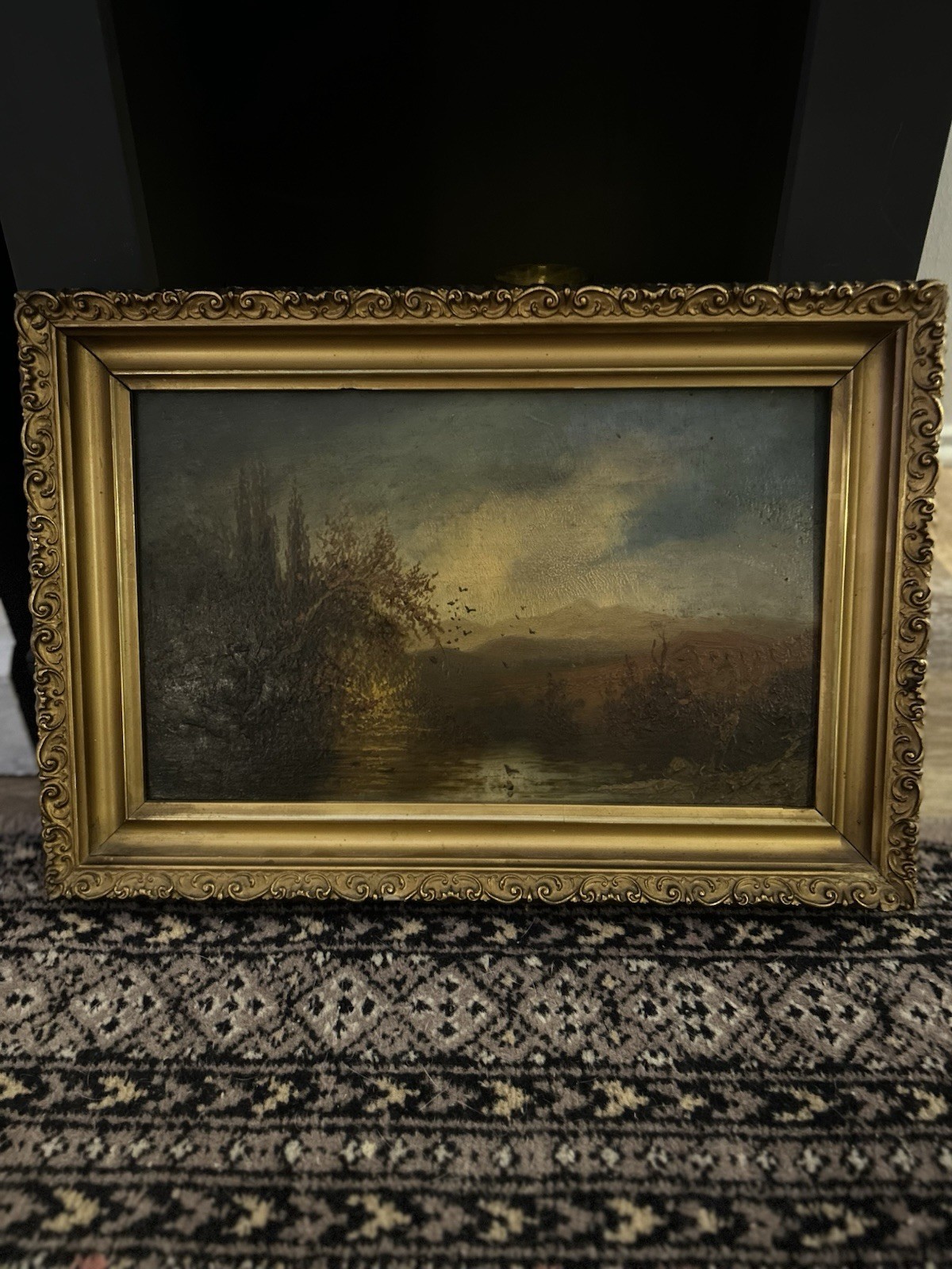 Oil painting of a pastoral landscape with river scene in ornate gilt ...