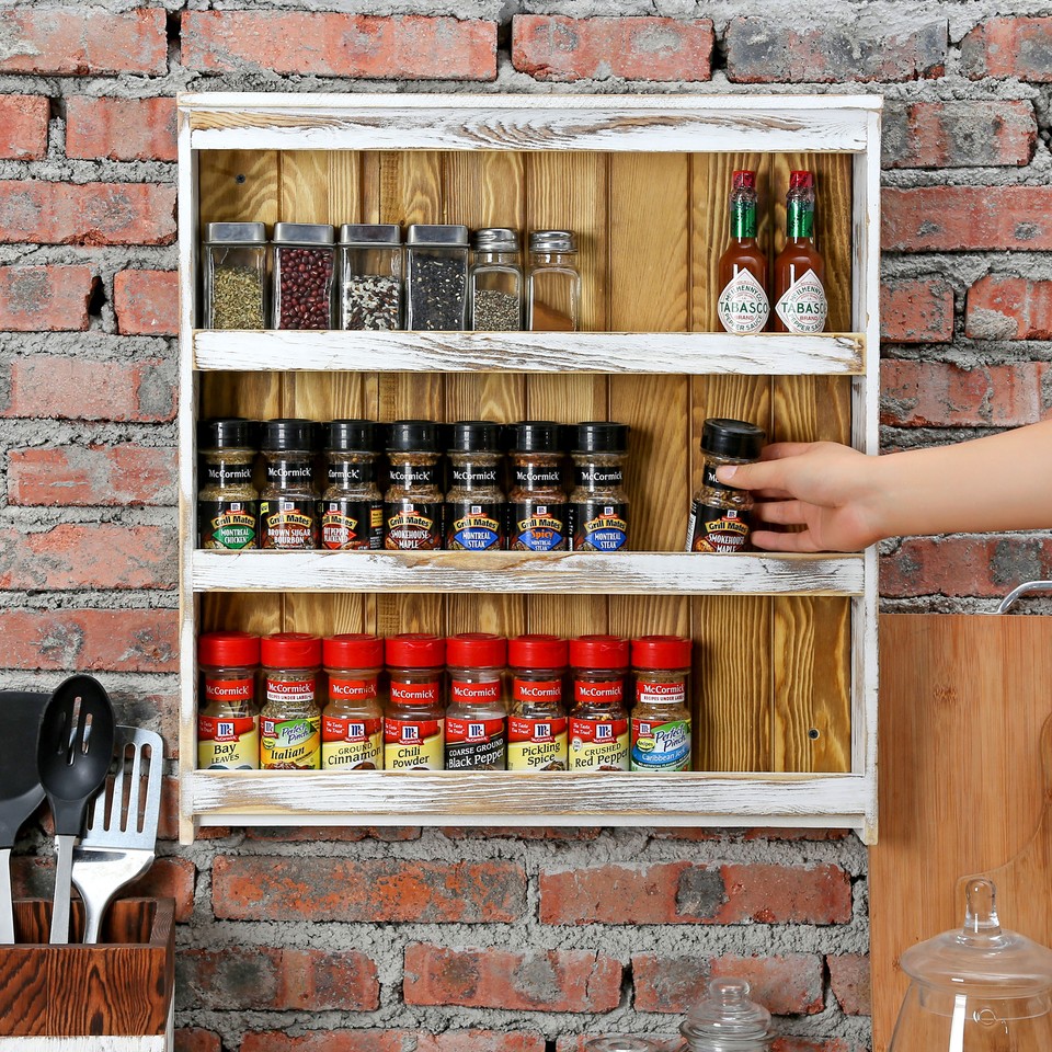 3 Tier White and Brown Wood Kitchen Wall Mounted Spice Rack Hanging ...
