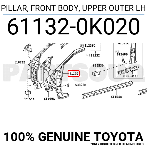 611320K020 Genuine Toyota PILLAR, FRONT BODY, UPPER OUTER LH 61132 ...