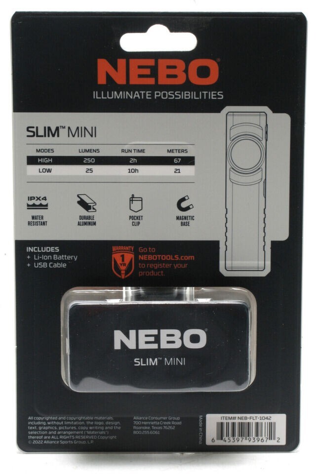 Nebo Slim Mini Rechargeable LED Pocket Light NEB-FLT-1042 - 250 Lumen ...