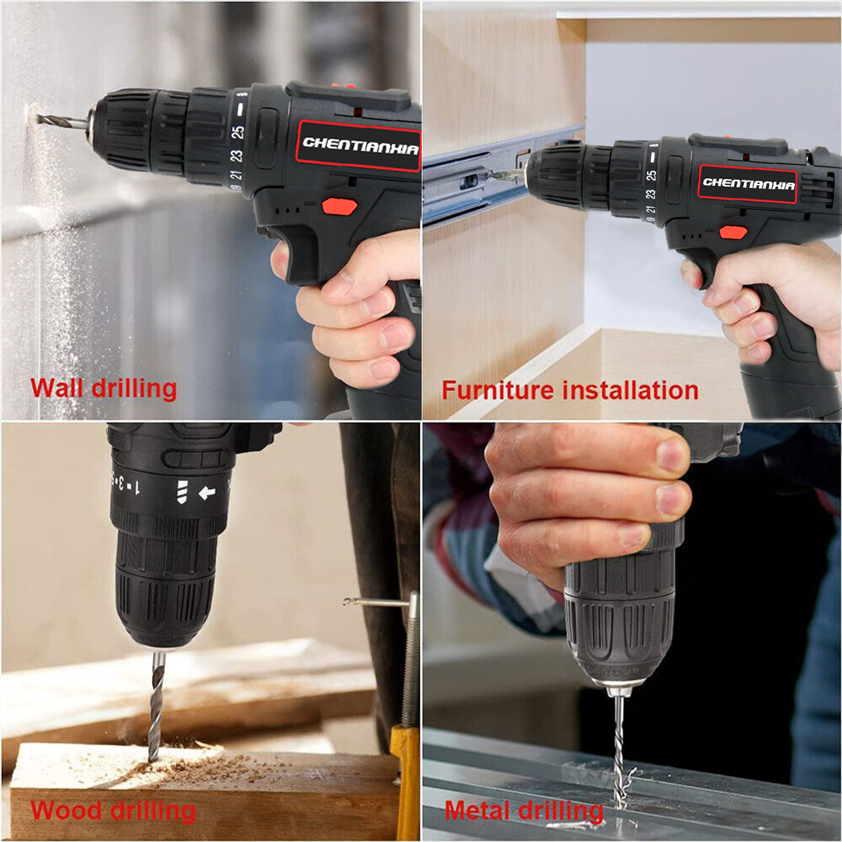 2 Batteries Electric Drill Cordless Portable Power Impact Drill Set ...